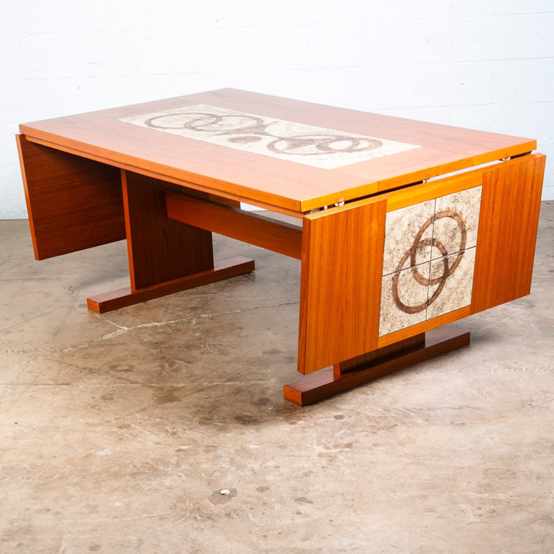 Mid Century Danish Modern Dining Table Ceramic Tile X2 Drop Leaf Teak ...
