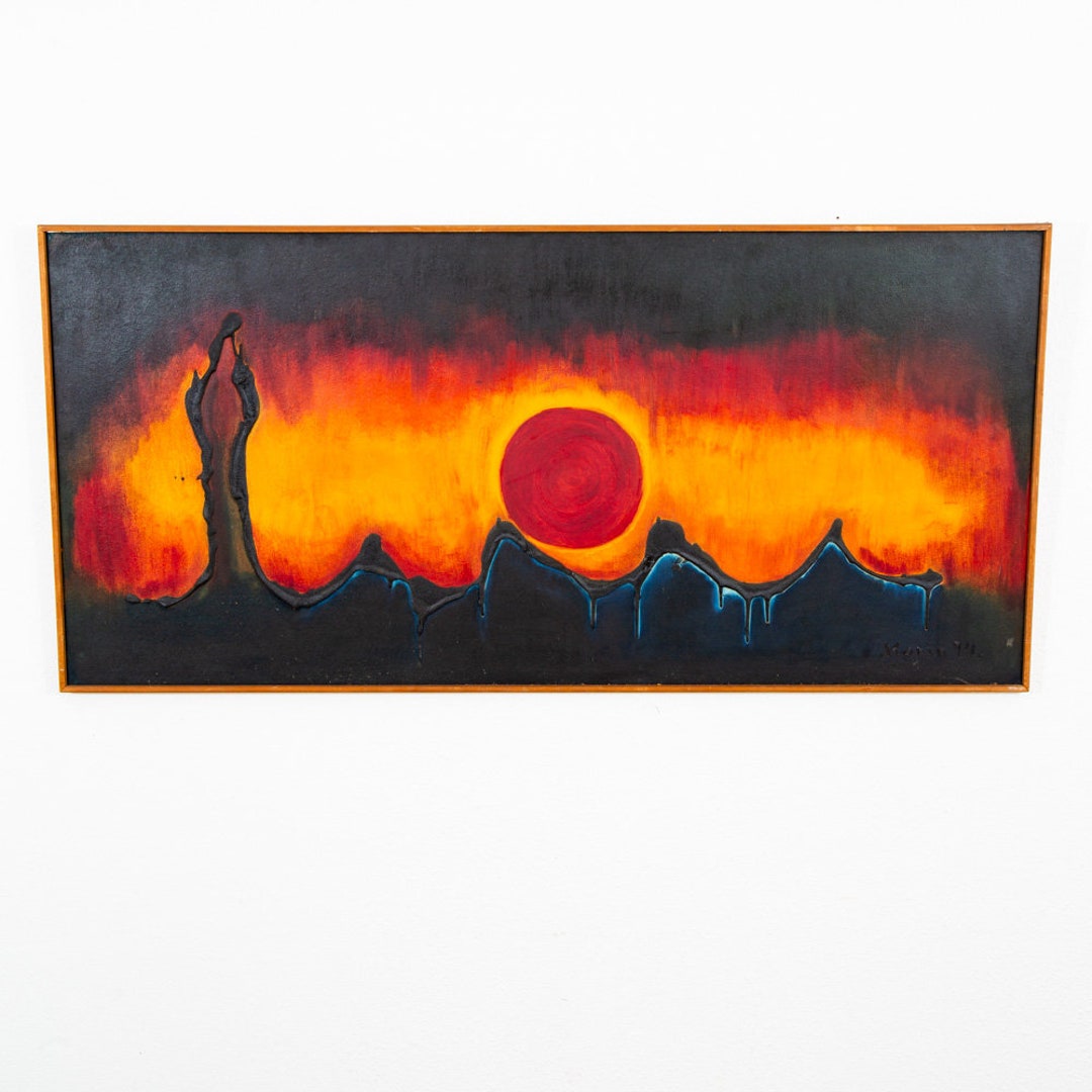 Mid Century Modern Original Art Surrealist Landscape Sun Set Painting ...