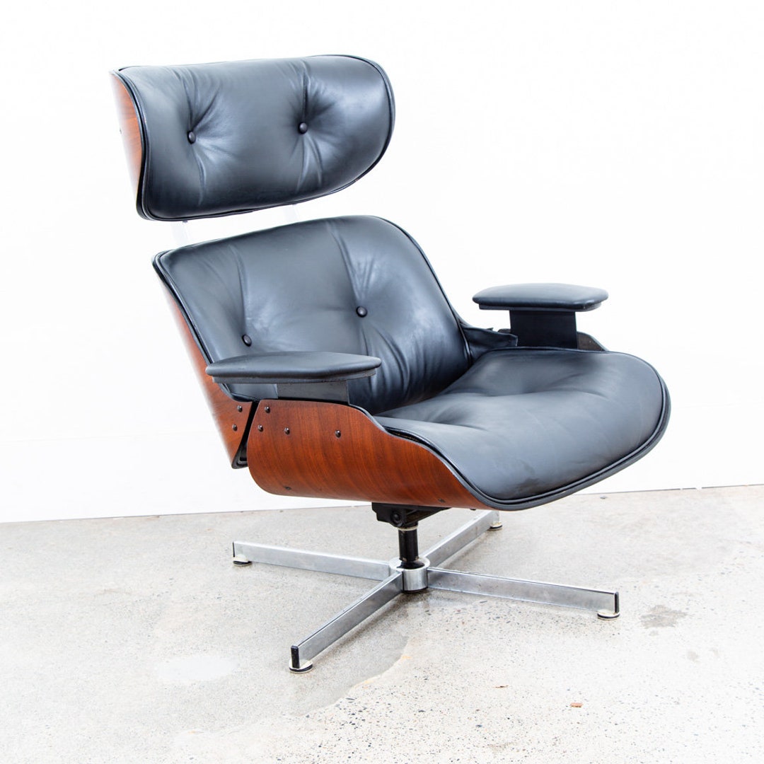 Mid Century Modern Lounge Chair Selig Plycraft Black Leather Swivel ...