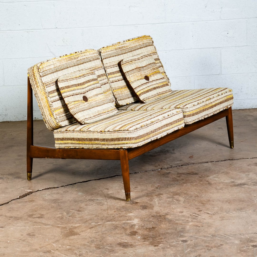 Mid Century Danish Modern Settee Dark Wood Spindle Armless 2 Seater ...