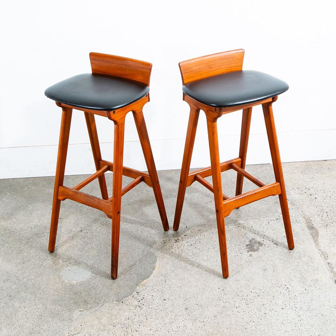 Mid Century Modern Bar Stools Set 2 Black Erik Buch Solid Teak ...