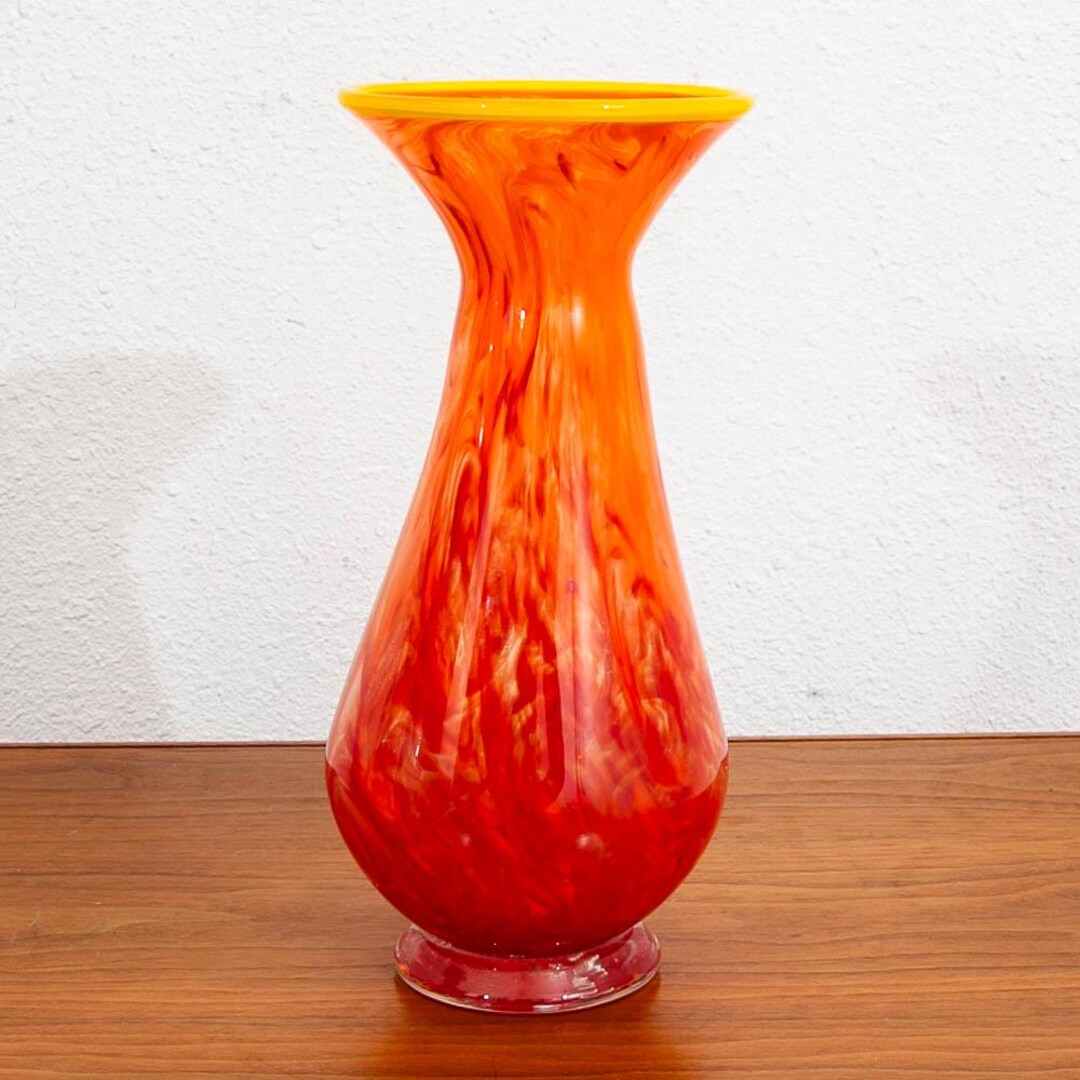 Mid Century Modern Kenneth Marin Handblown Art Glass Vase Orange Amber ...