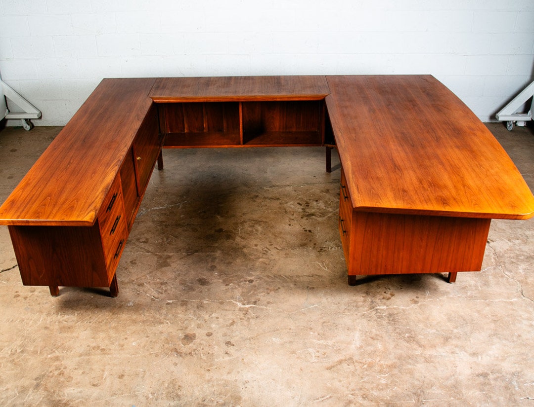 Mid Century Modern Desk Executive U / L Shaped 3 Piece Walnut Alma ...