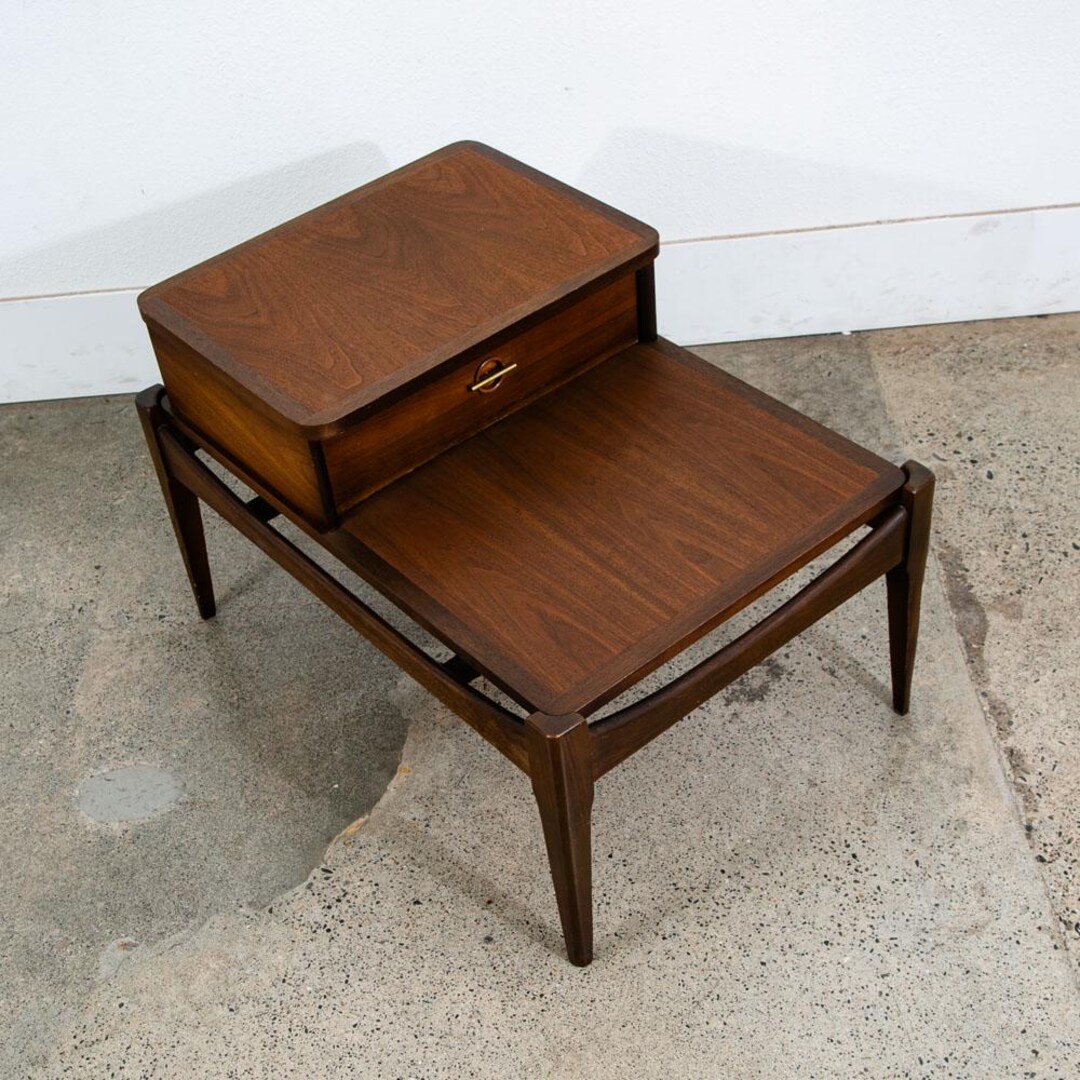Mid Century Modern Nightstand Step up Table Drawer Bassett Walnut Wood ...
