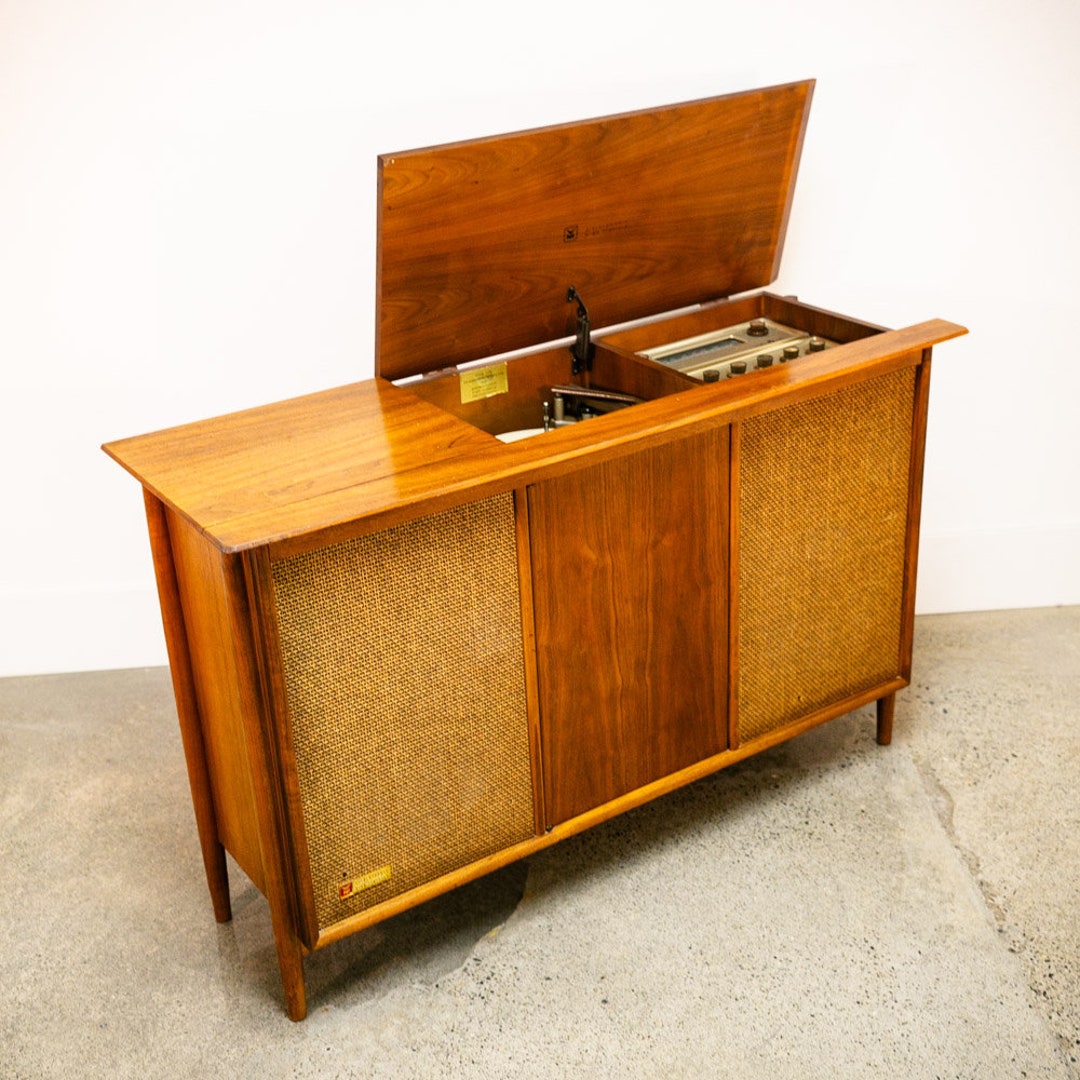 Mid Century Modern Credenza Stereo Console Voice of Music Walnut Record ...