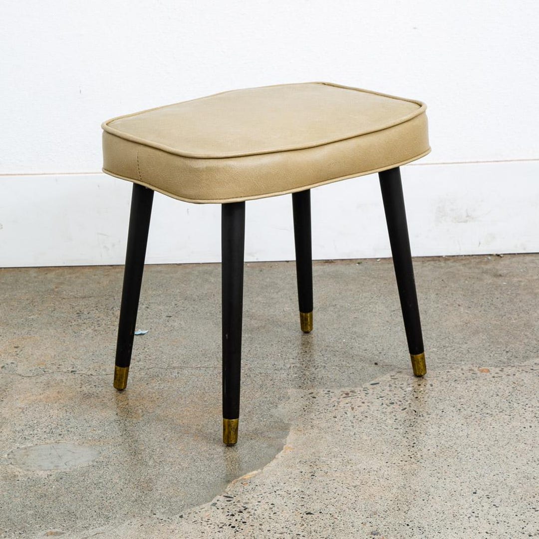 Mid Century Modern Ottoman Stool Tan Wood Vintage Mcm Mcm Black ...