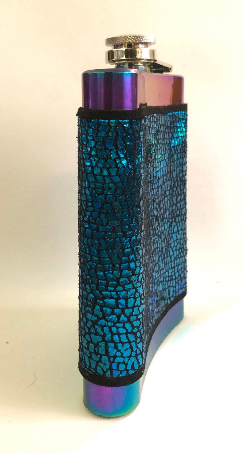 8 Oz Hip Flask Rainbow Anodized W Iridescent Crackle Foil Leather - Etsy