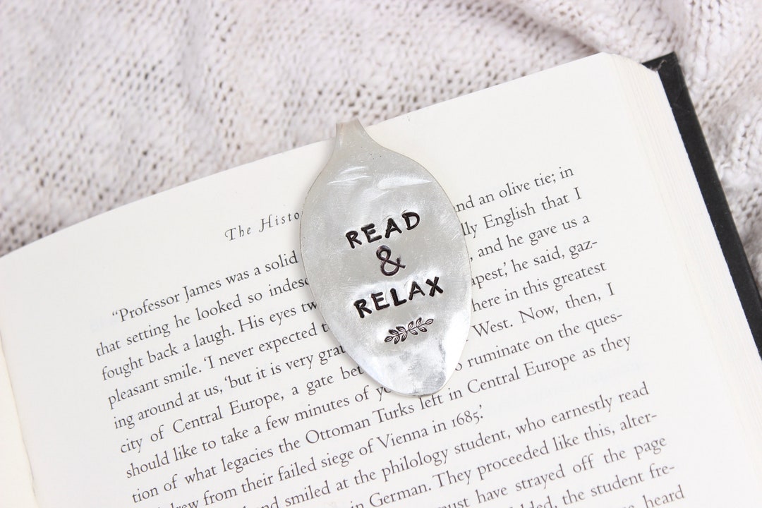 Read and Relax Bookmark - Handstamped Spoon - Book Lover Bookworm Book ...
