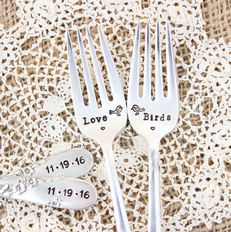 Love Birds Wedding Forks Hand Stamped Cake Fork Set Custom - Etsy
