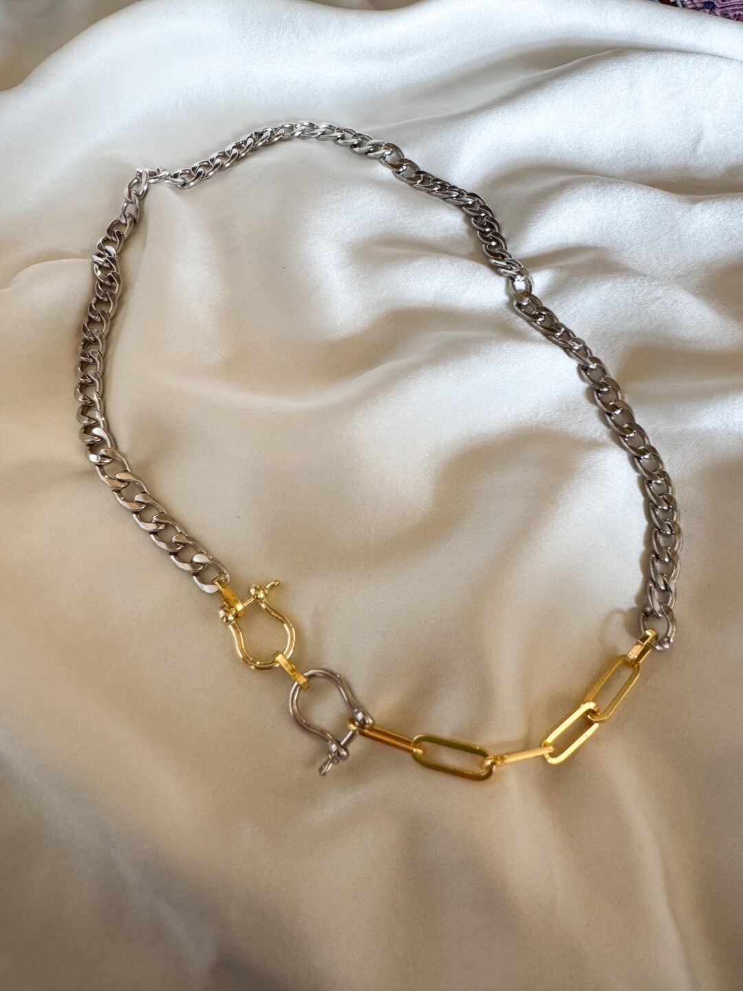 Mixed Metal Silver and Gold Chunky Stemwnt Hardware Chain Necklace - Etsy