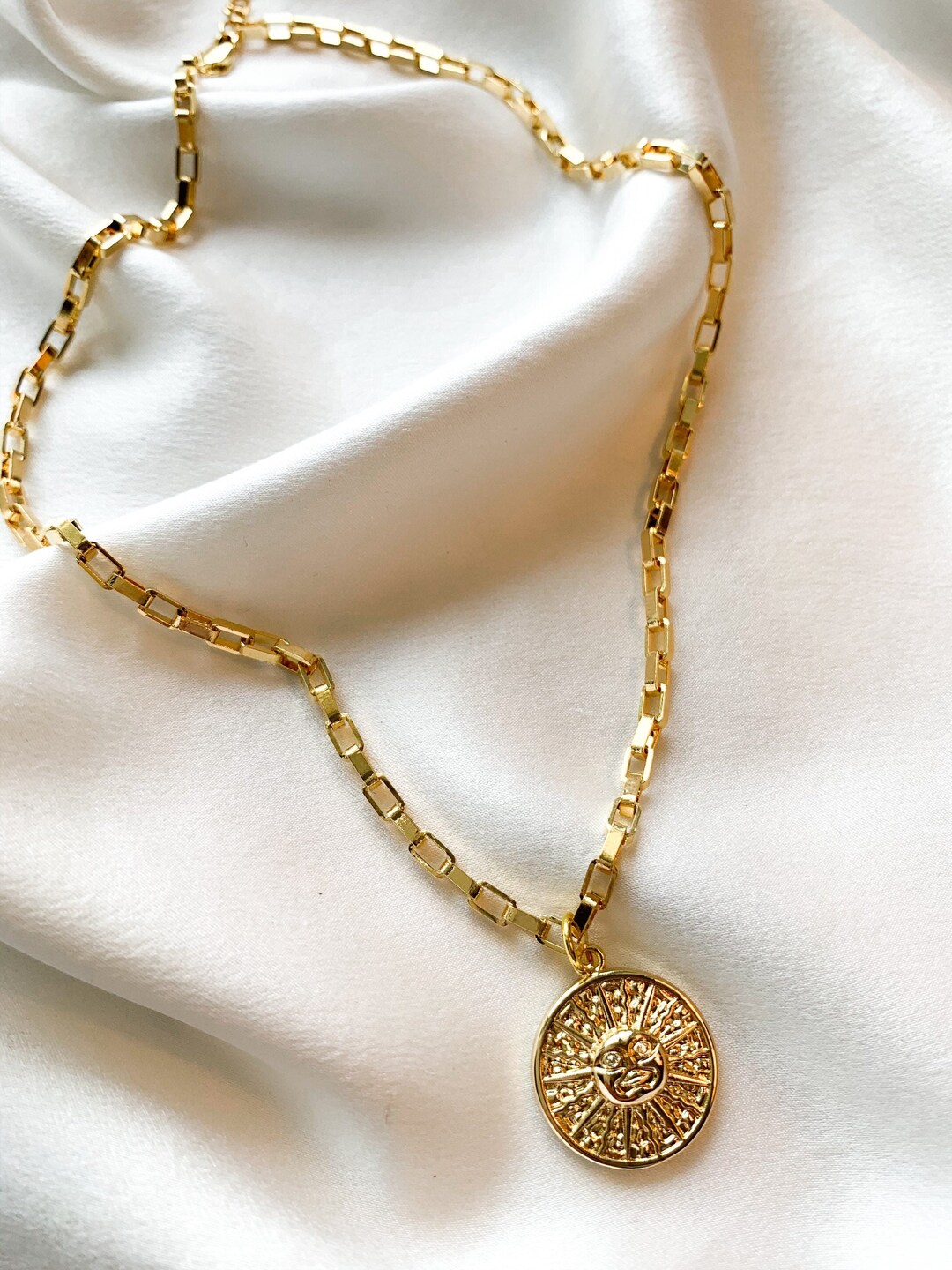 Gold Sun Coin Necklace With Box Paperclip Elongated Rectangle Link ...