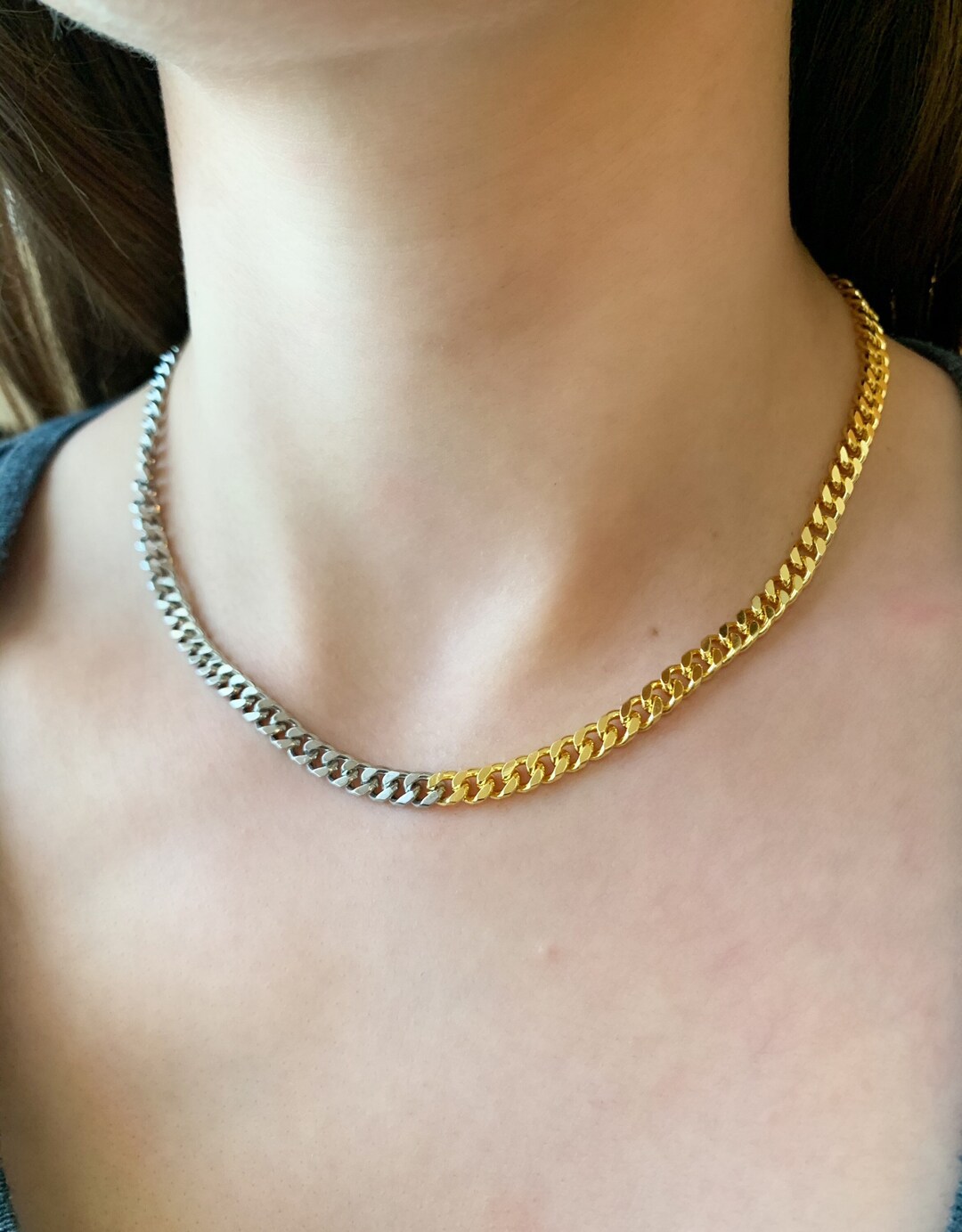 Silver & Gold Mixed Metal Curb Chain Necklace Layering Two Tone Chain ...