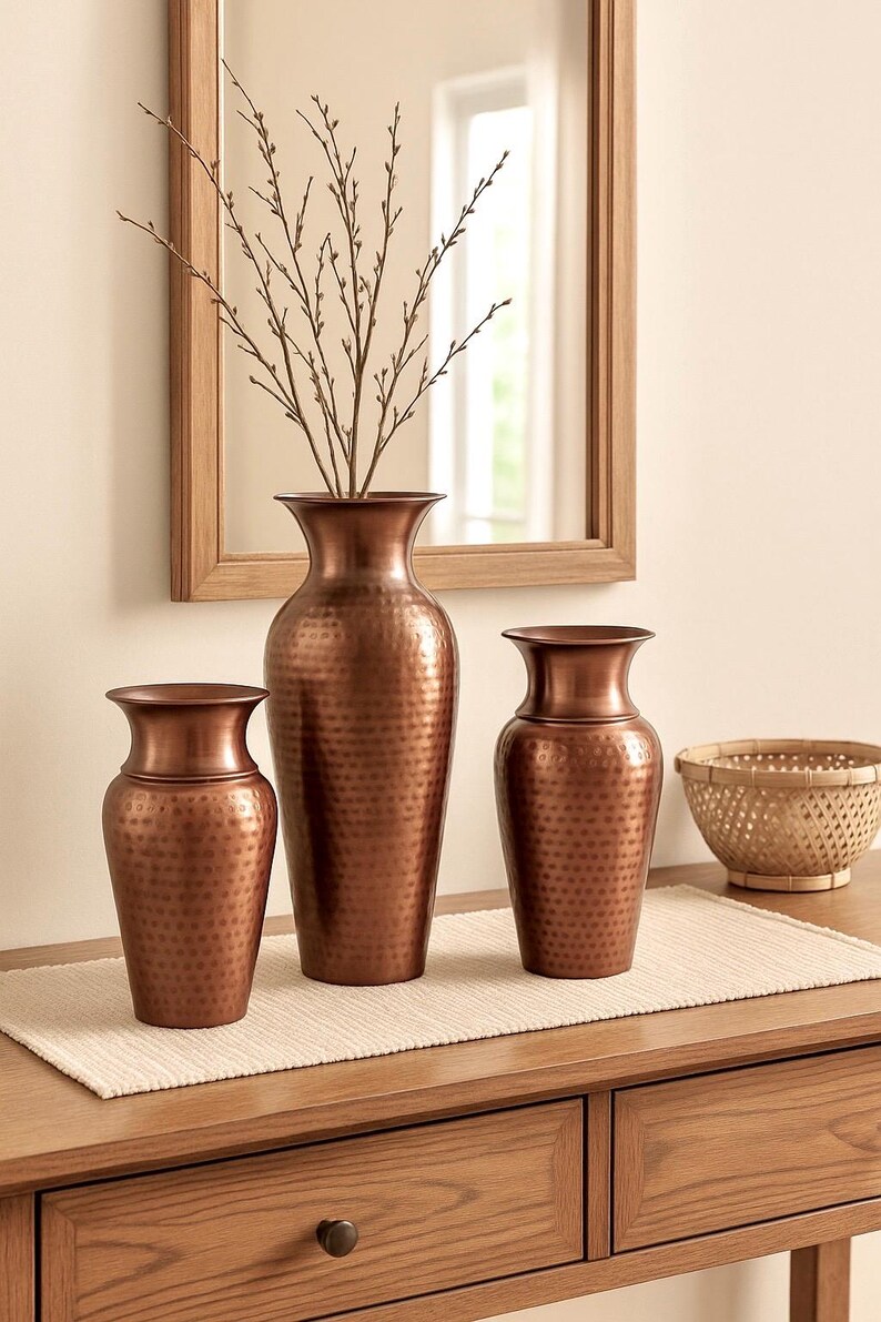 Set of 3 Hammered Copper-finish Vases, Rustic Eclectic Boho Farmhouse ...
