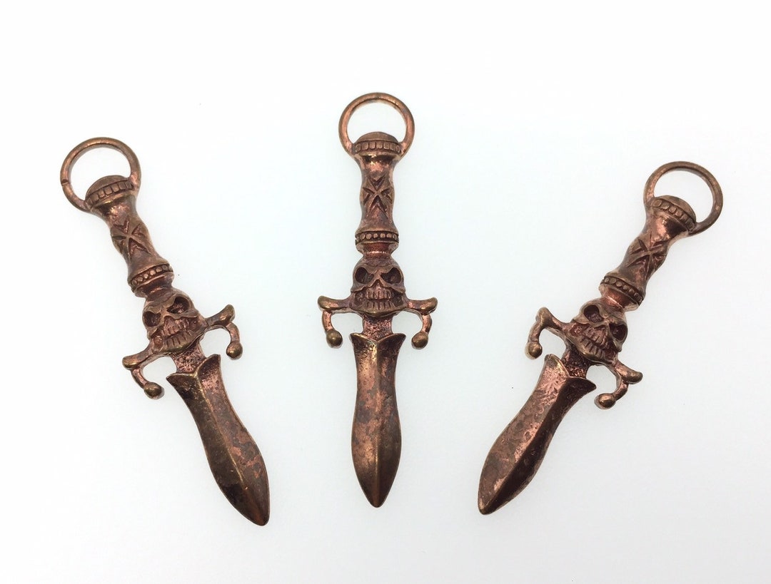 3 Pc Brass/copper Skull Sword Pendants: Untreated Metal Charms 2 1/4 X ...