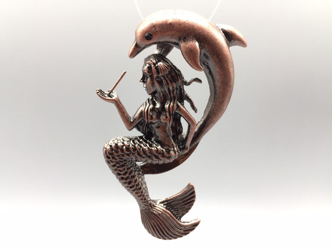 Copper Mermaid and Dolphin Pendant With Bead Pin Copyrighted - Etsy