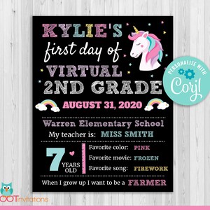 Unicorn First Day of School Sign Editable, Back to School Sign, 1st Day ...