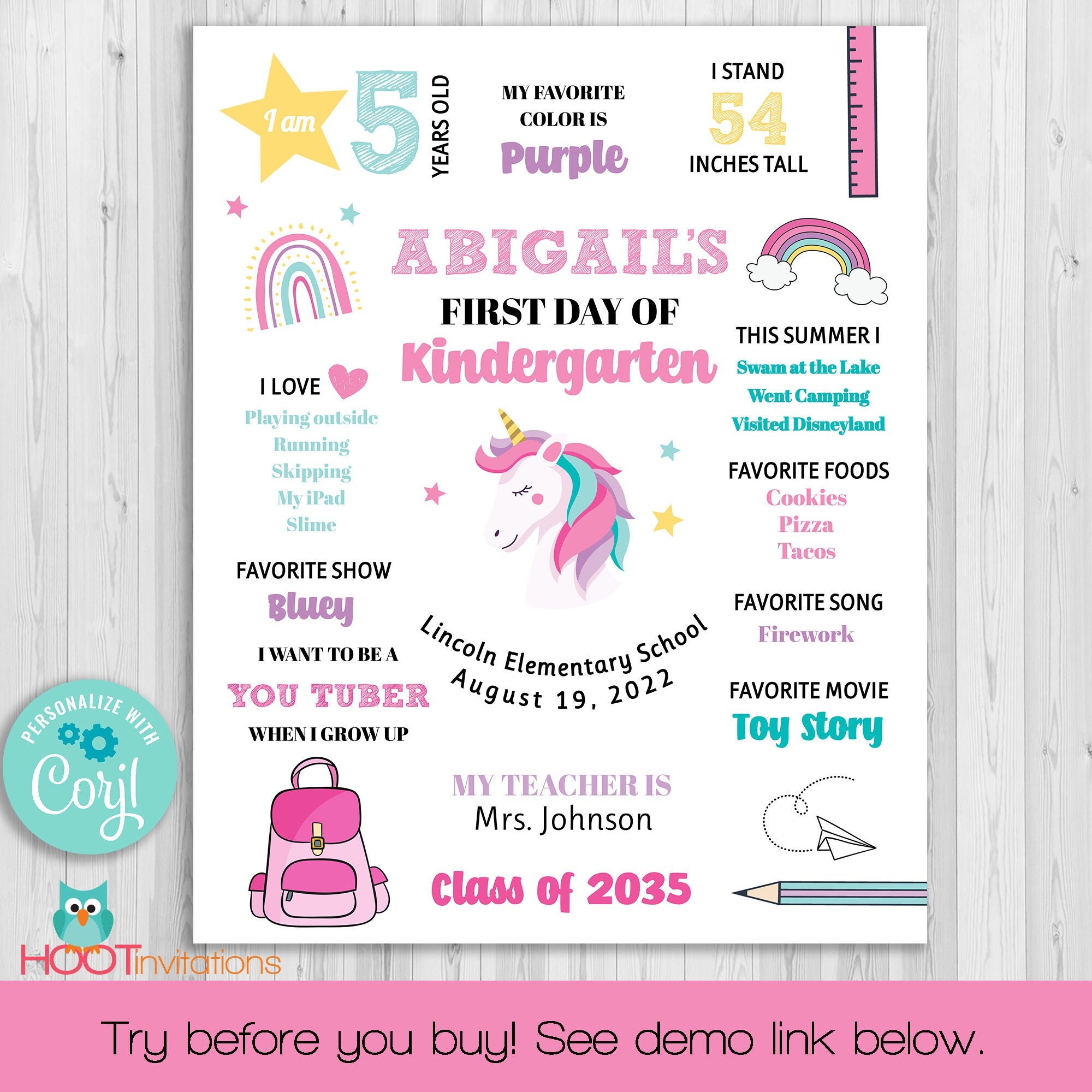 First Day of Kindergarten Sign, Unicorn First Day of School Sign for ...