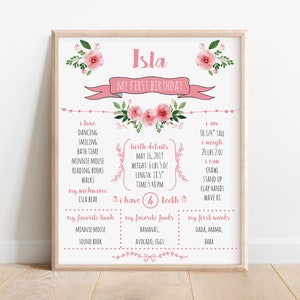 First Birthday Chalkboard Sign, Girls Chalkboard First Birthday Sign ...