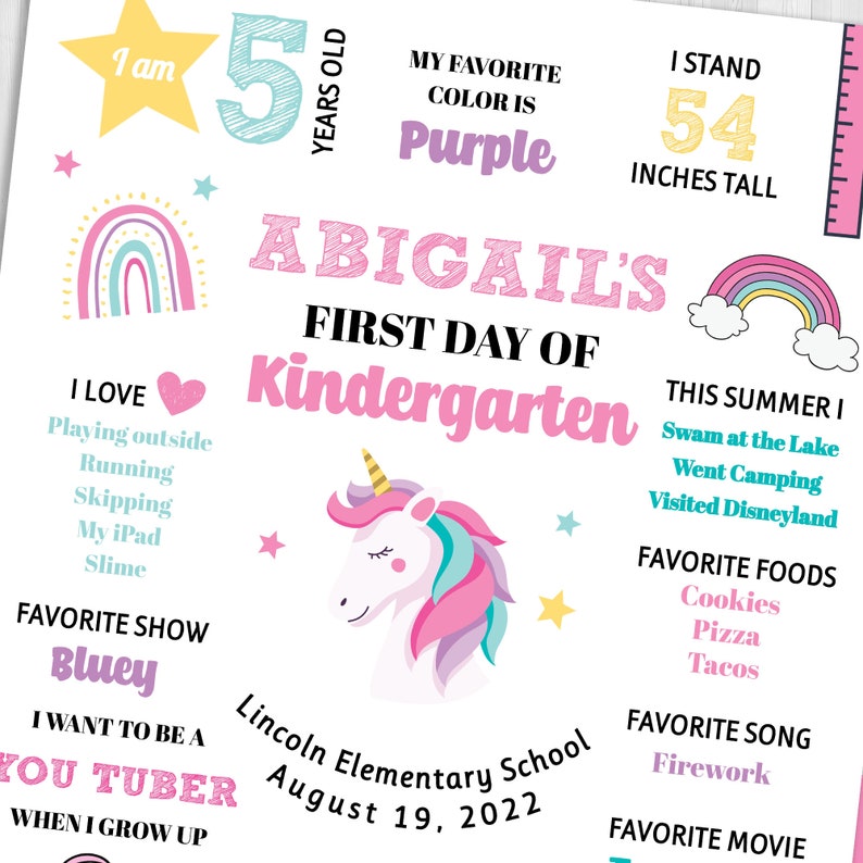 First Day of Kindergarten Sign, Unicorn First Day of School Sign for ...