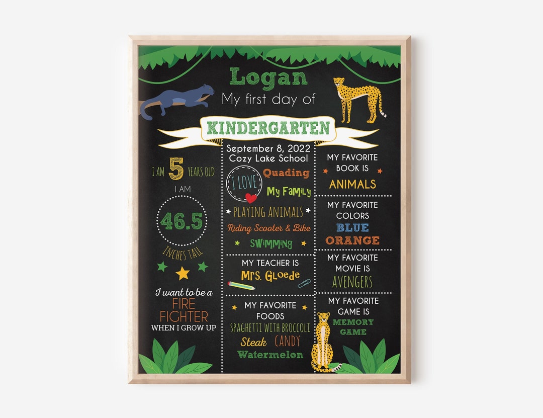 First Day of Kindergarten Sign, First Day of School Sign, Jungle Theme ...