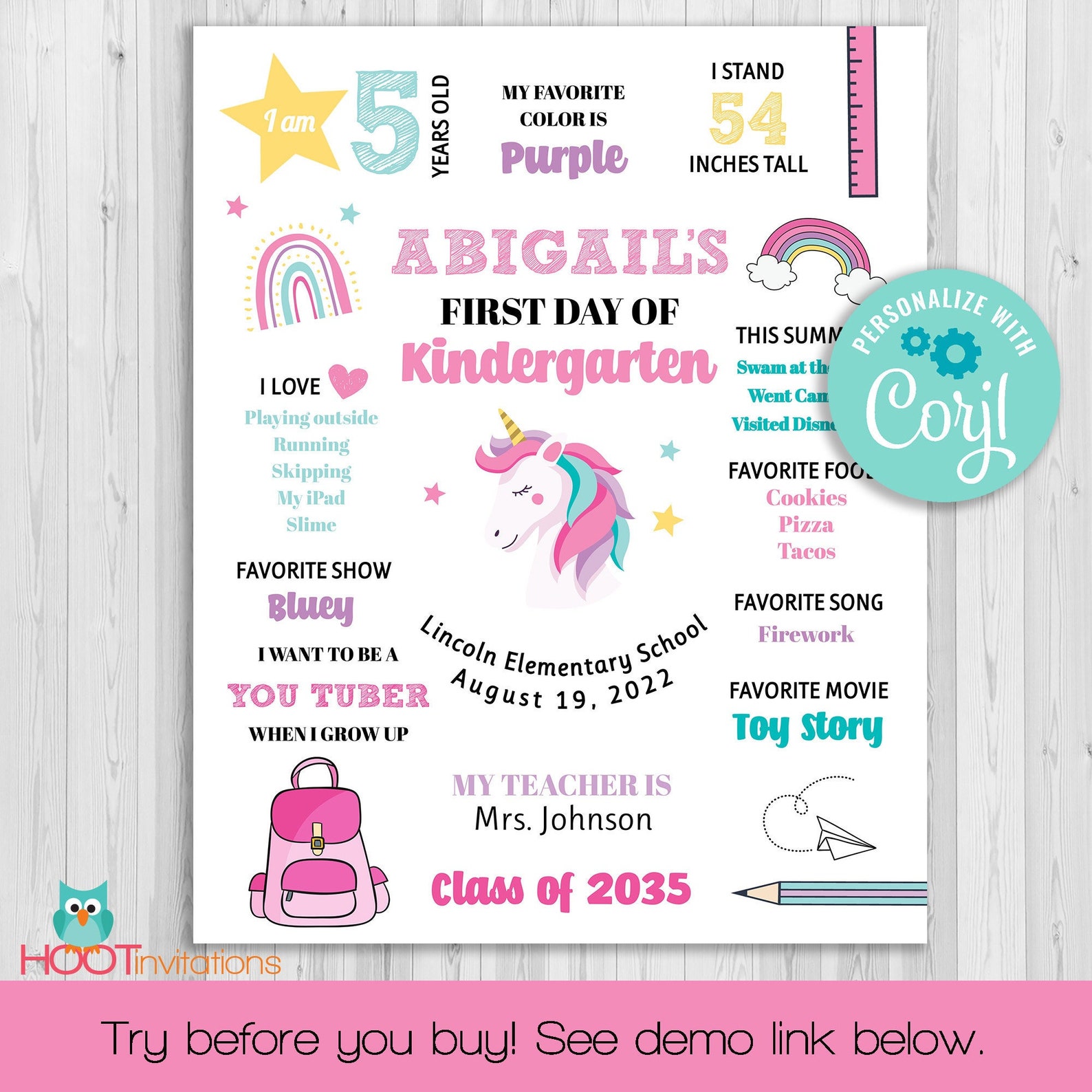 First Day of Kindergarten Sign, Unicorn First Day of School Sign for ...