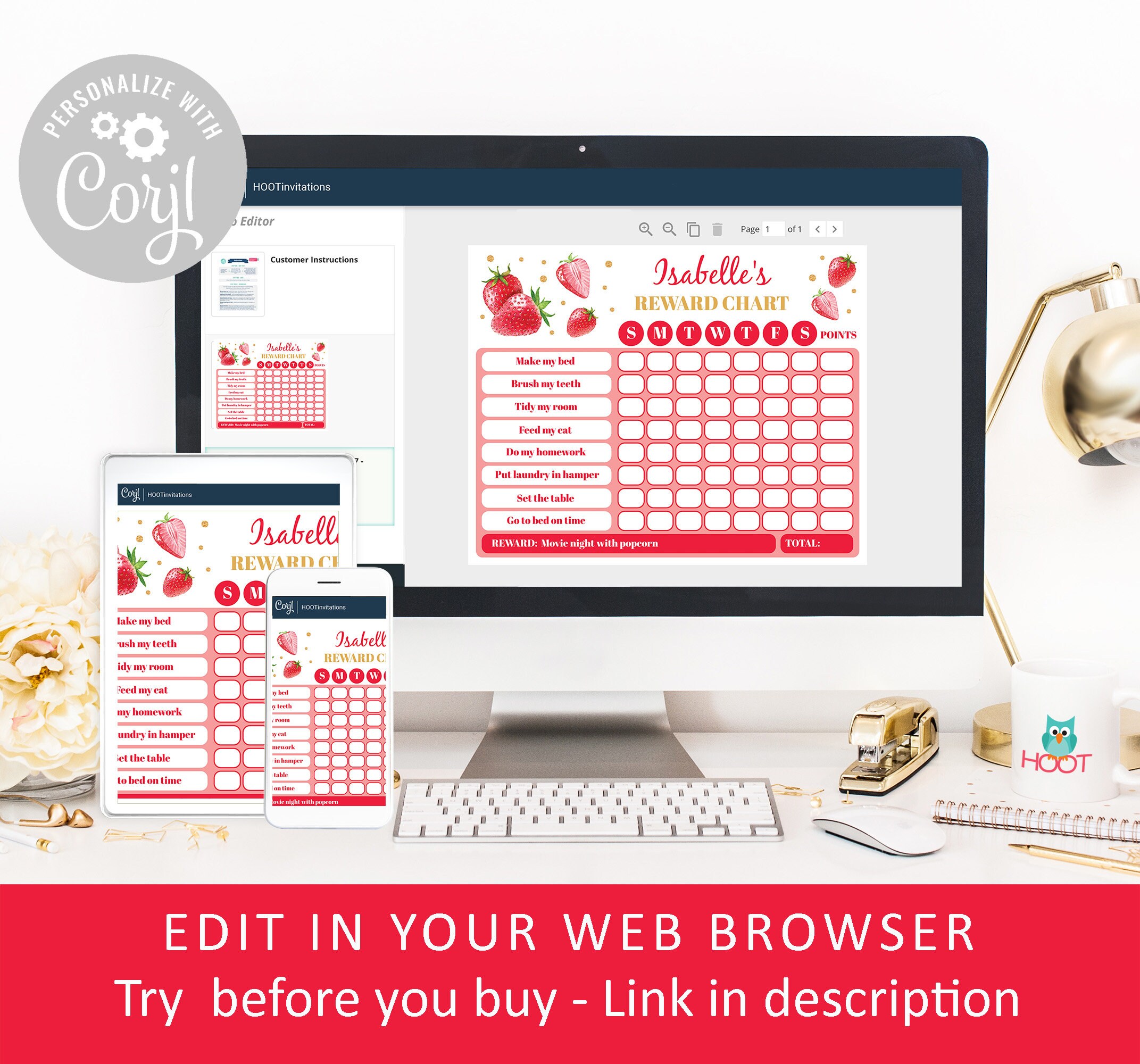 Editable Chore Chart Strawberry Reward Chart Chore Chart for - Etsy ...