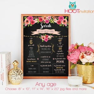 First Day of Kindergarten Sign, First Day of School Sign, Girls Floral ...