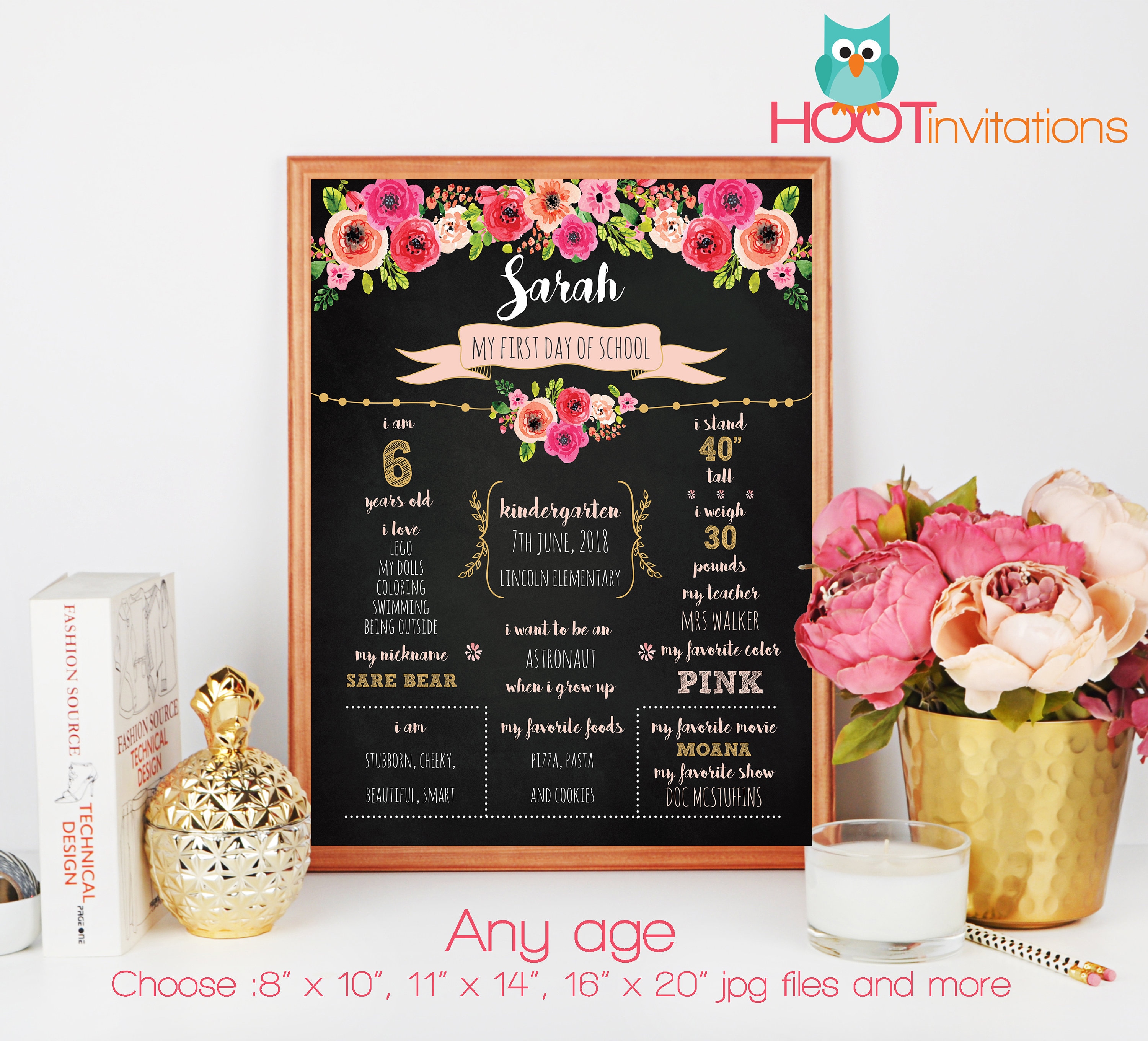 First Day of Kindergarten Sign, First Day of School Sign, Girls Floral ...