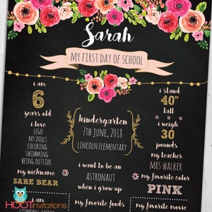 First Day of Kindergarten Sign, First Day of School Sign, Girls Floral ...