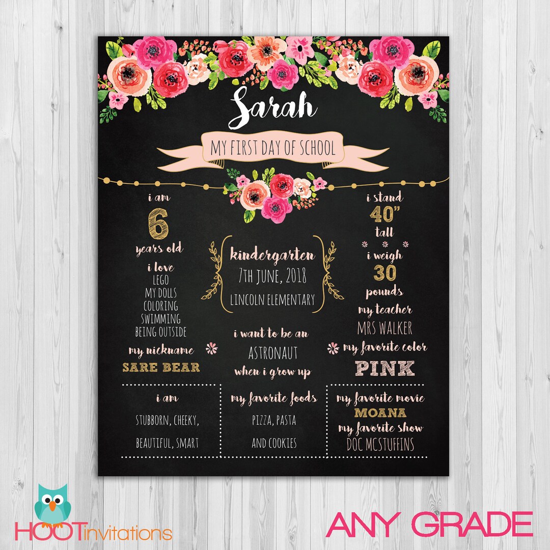 First Day of Kindergarten Sign, First Day of School Sign, Girls Floral ...