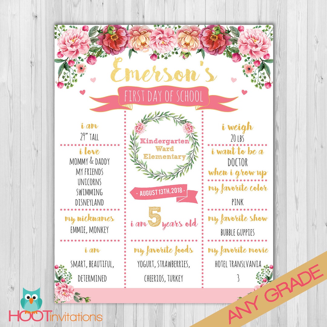 First Day of Kindergarten Sign, First Day of School Sign, Girls Floral ...