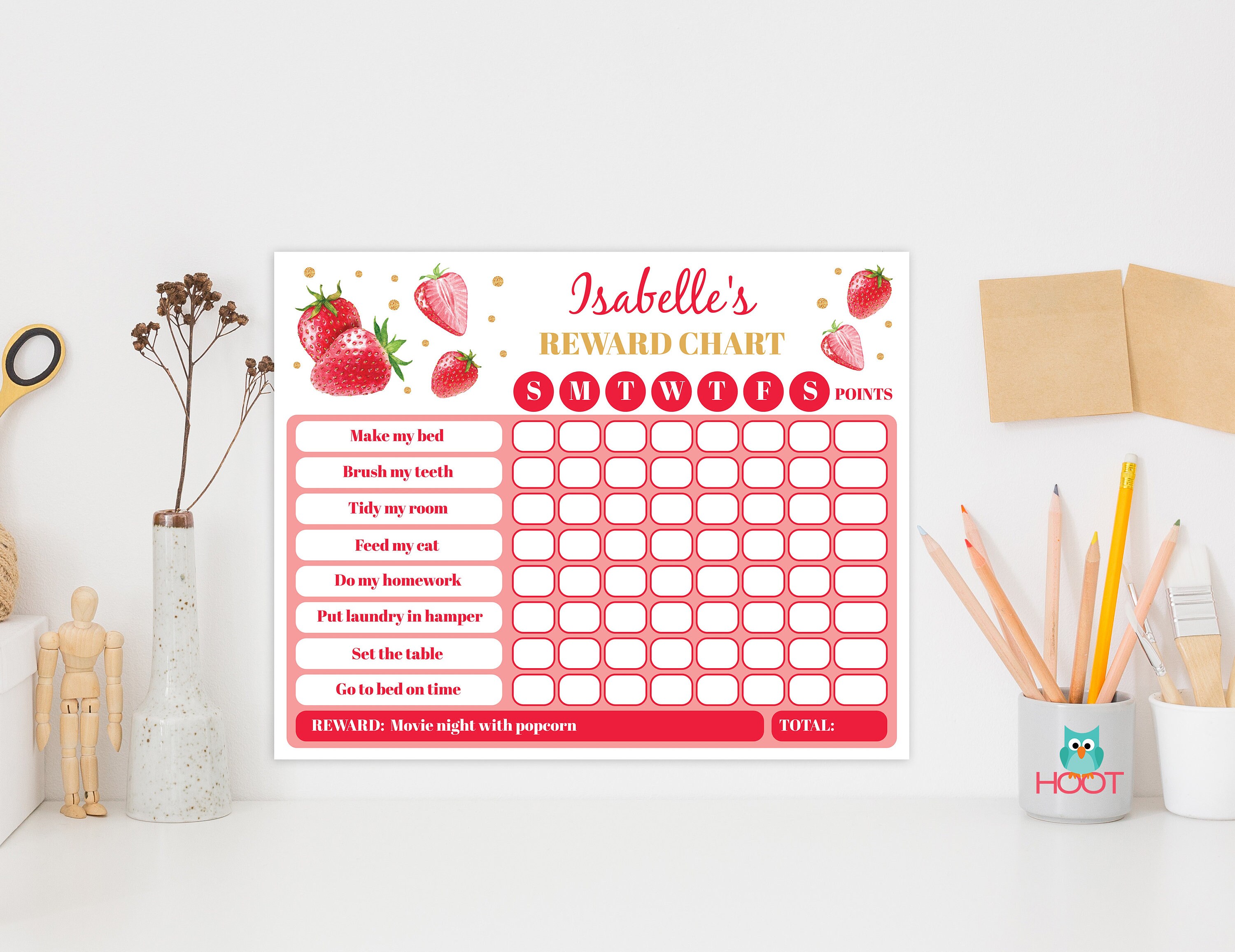 Editable Chore Chart, Strawberry Reward Chart, Chore Chart for Kids ...