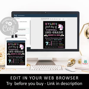 Unicorn First Day of School Sign Editable, Back to School Sign, 1st Day ...