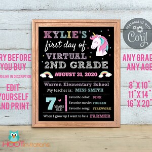 Unicorn First Day of School Sign Editable, Back to School Sign, 1st Day ...