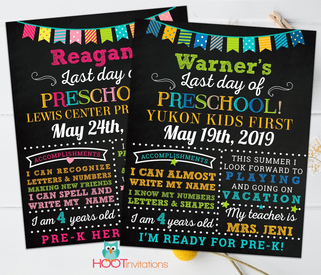 Last Day of Preschool Sign, Last Day of School Sign, Girls Preschool ...