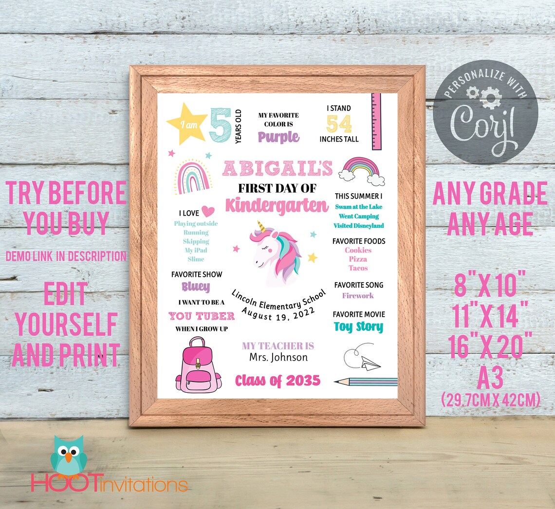 First Day of Kindergarten Sign, Unicorn First Day of School Sign for ...