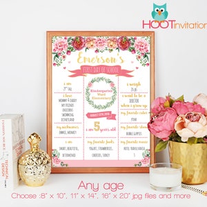 First Day of Kindergarten Sign, First Day of School Sign, Girls Floral ...