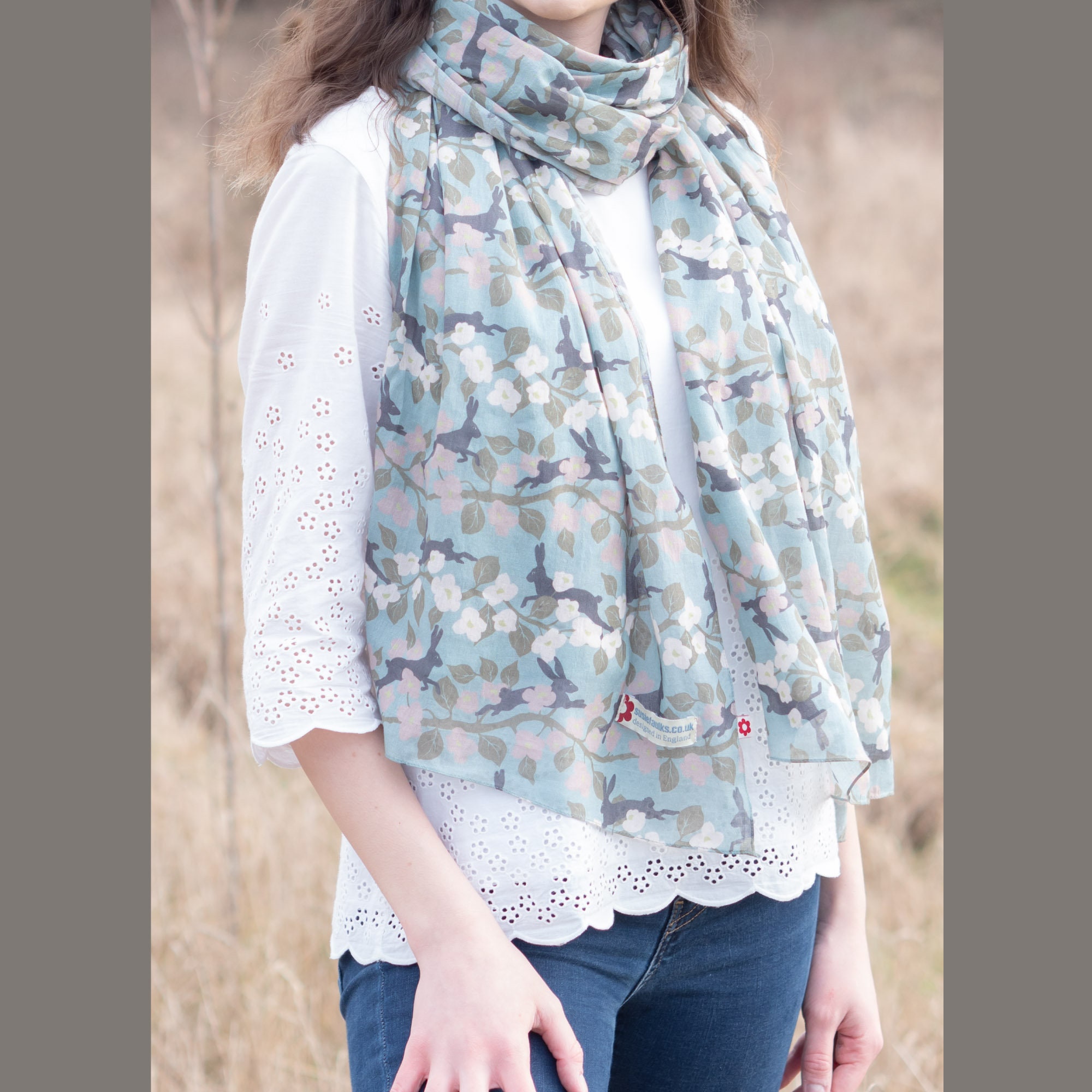 Run Rabbit Blue cotton scarf/ hares scarf/ rabbit/ scarf/ Hare | Etsy