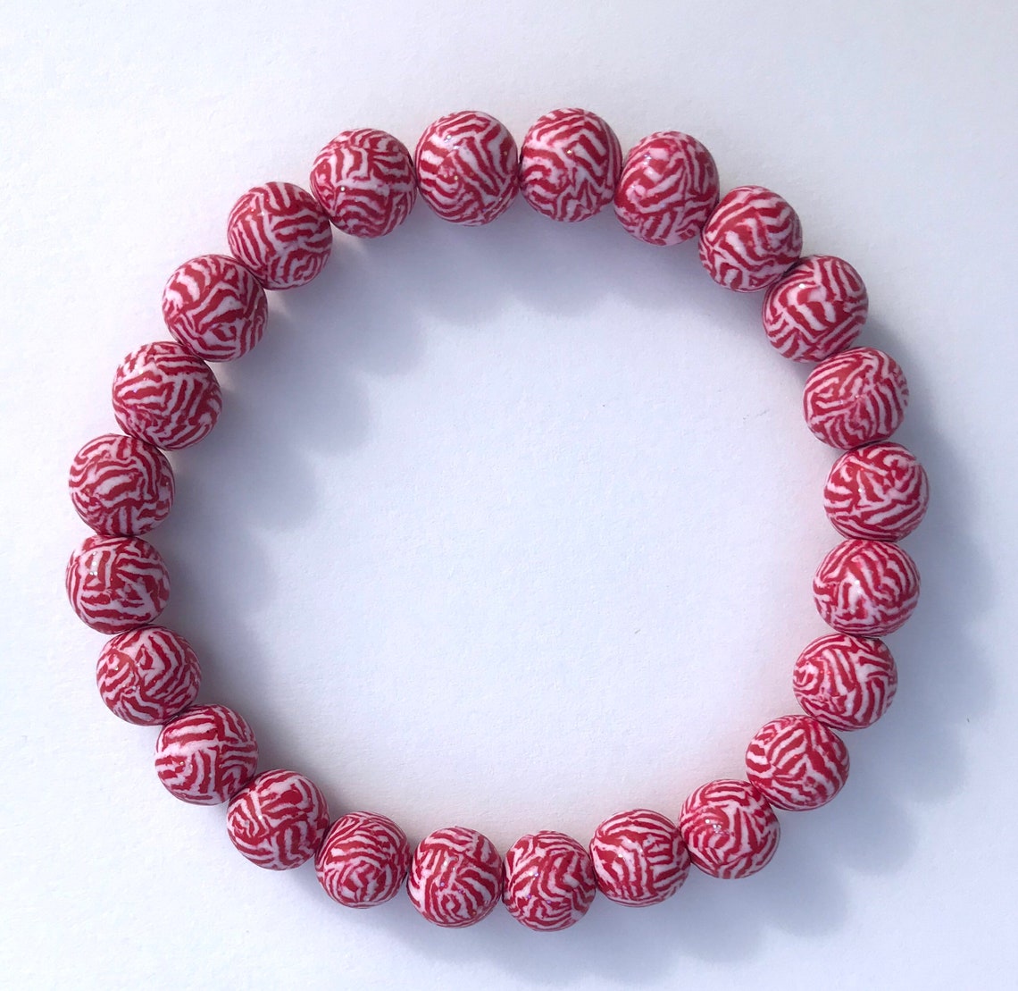 Red and White Striped Polymer Clay Bead Bracelet, Christmas, Stretch ...