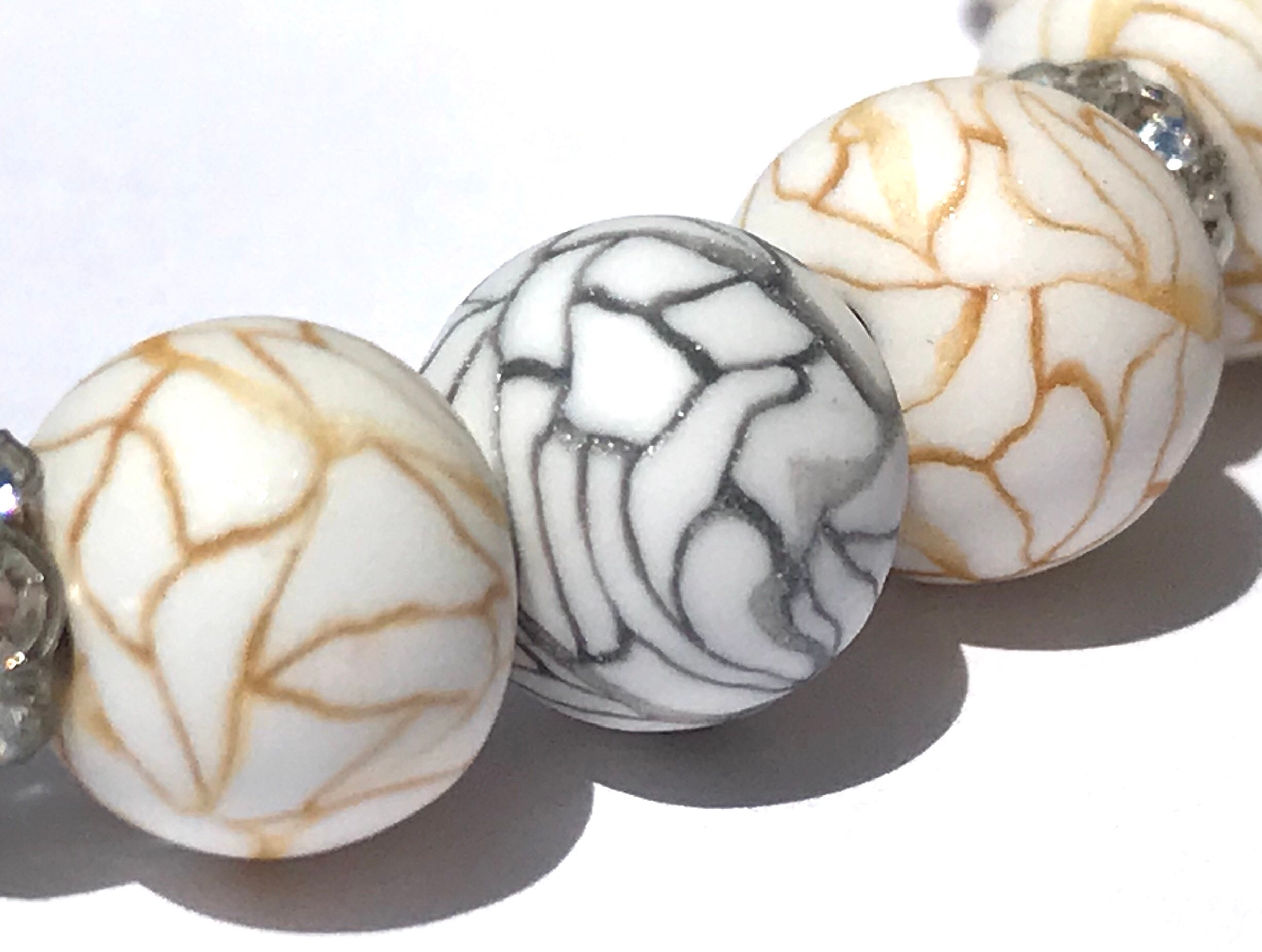 Polymer Clay Bead Bracelet Faux Howlite Gold Silver White Crackle