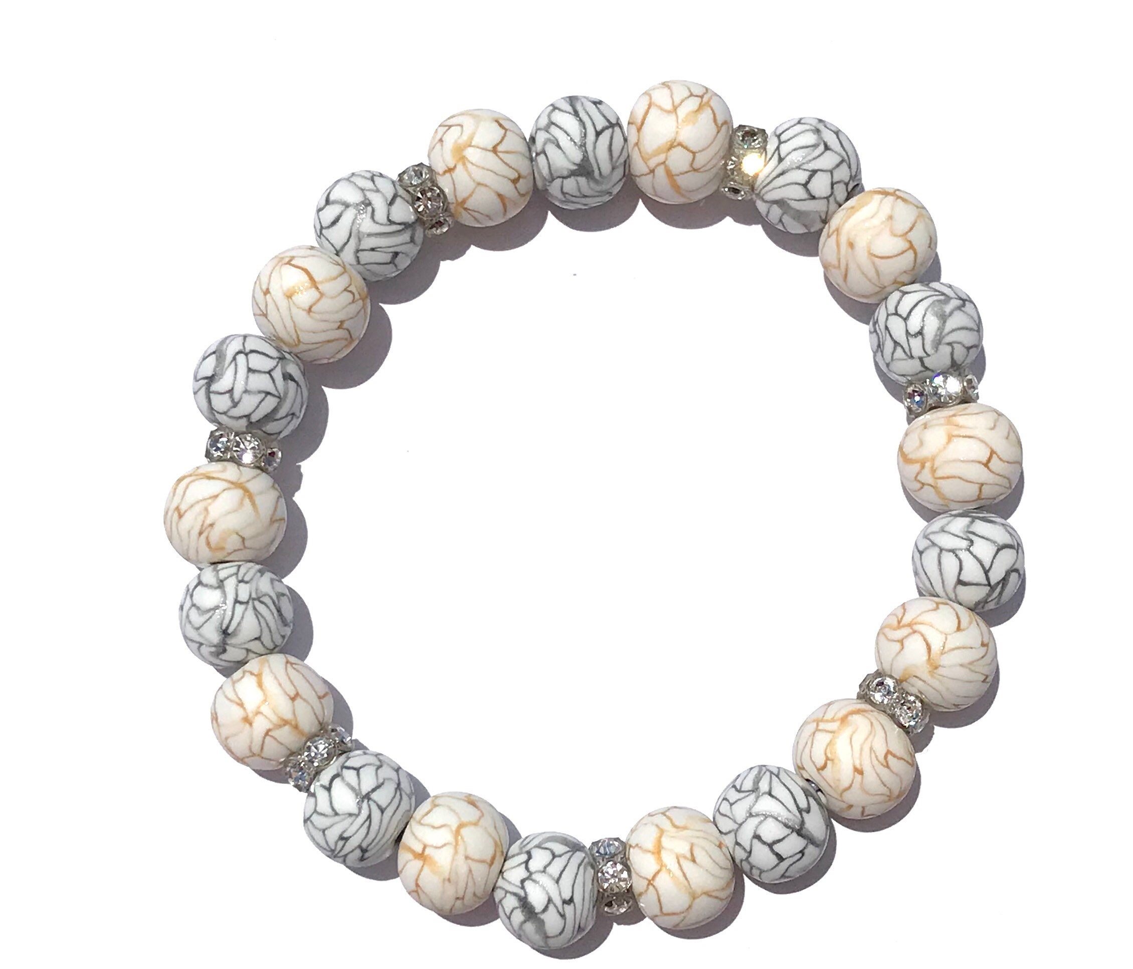 Polymer Clay Bead Bracelet Faux Howlite Gold Silver White Crackle