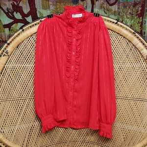 80s Red Sheer Ruffle Blouse by La Blouse, 12 - Etsy