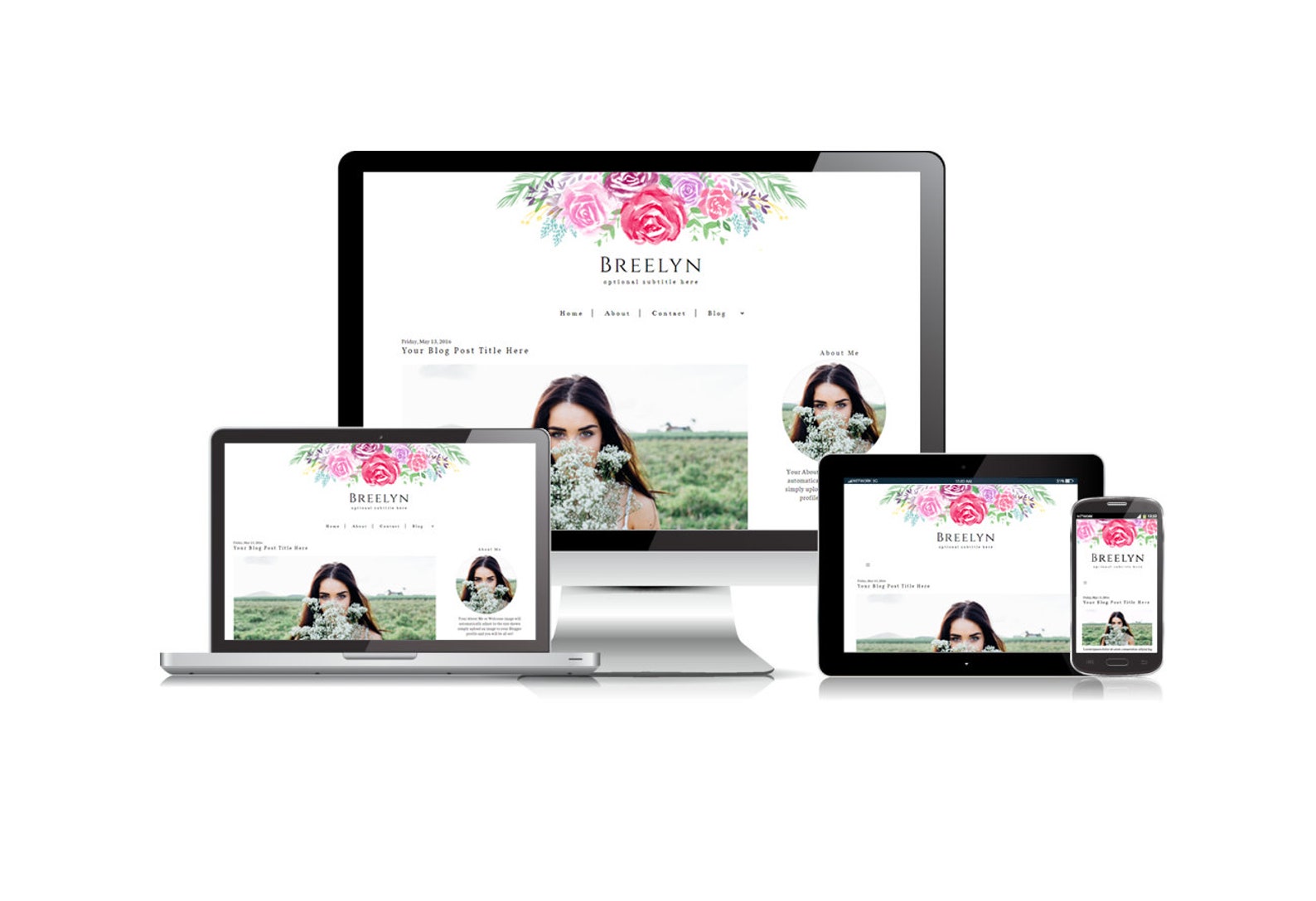 Feminine Blogger Template - Flower Blog Template - Watercolor Blogger ...