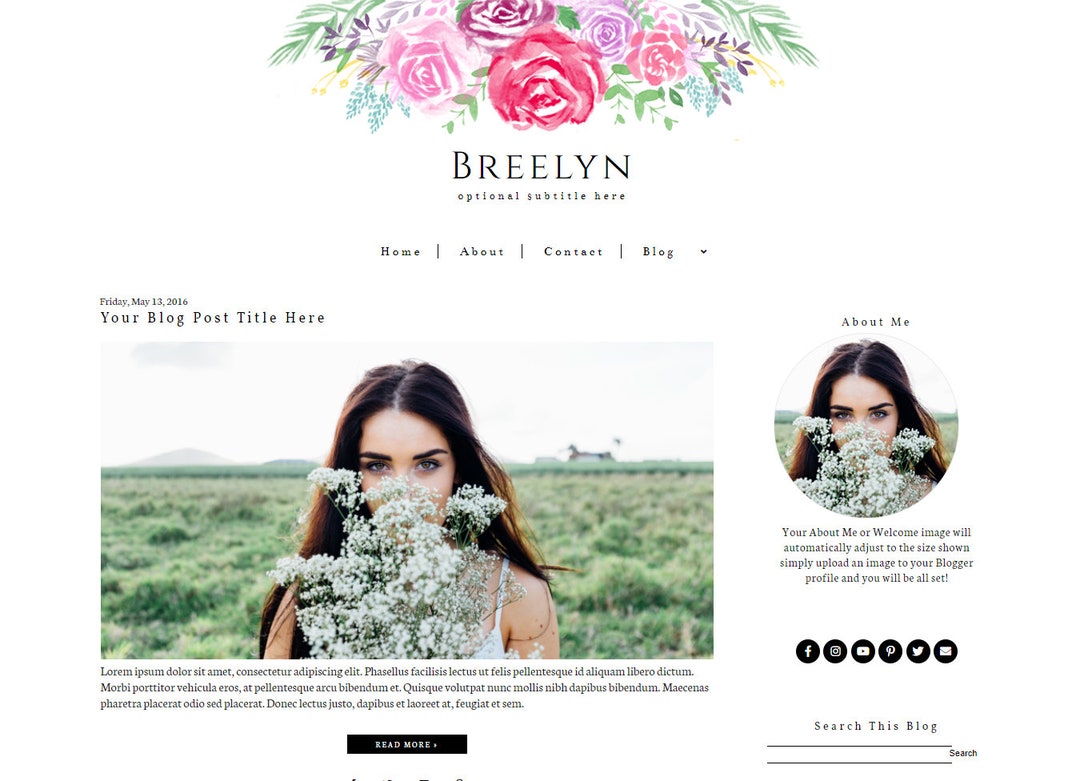 Feminine Blogger Template - Flower Blog Template - Watercolor Blogger ...