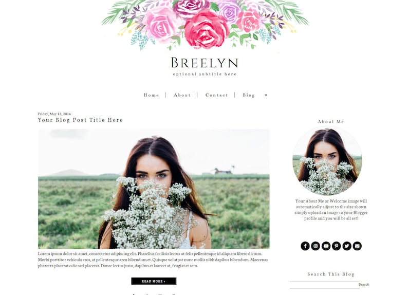 Feminine Blogger Template Flower Blog Template Watercolor Blogger ...