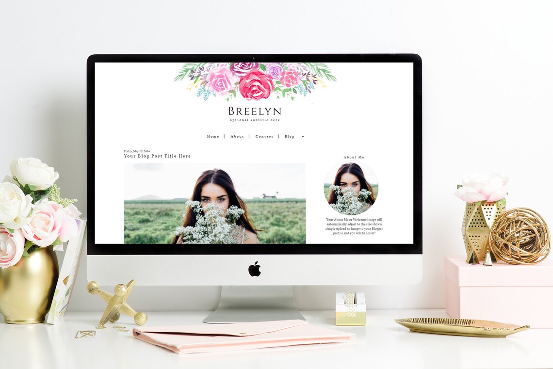 Feminine Blogger Template Flower Blog Template Watercolor Blogger ...