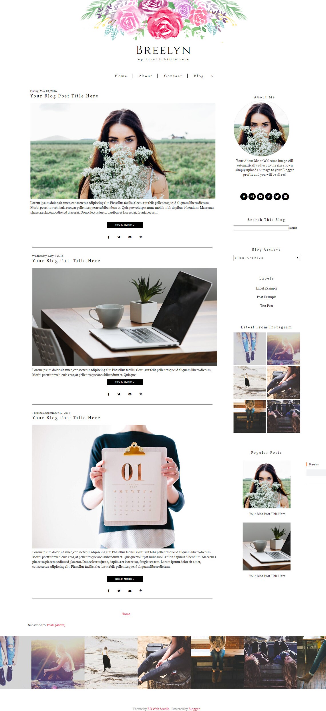 Feminine Blogger Template Flower Blog Template Watercolor Blogger ...