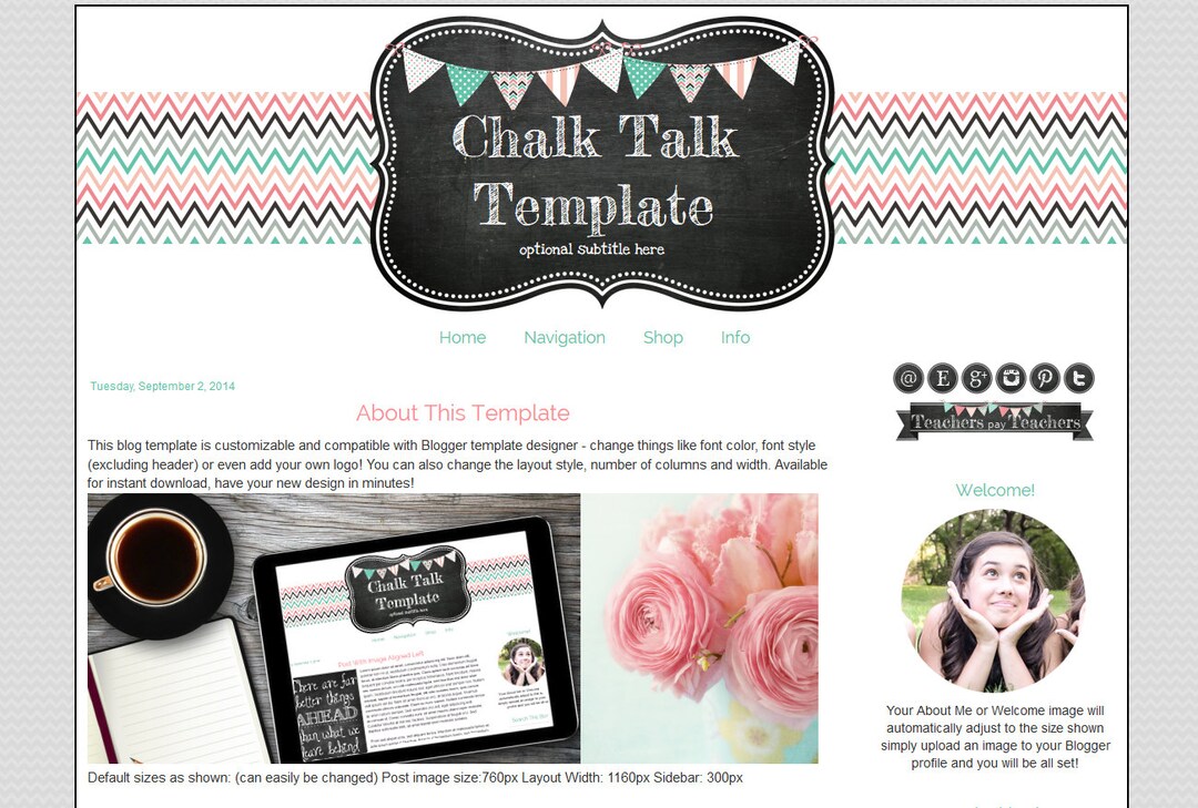 Premade Blogger Template for Teachers Chalkboard Blog Design teacher ...