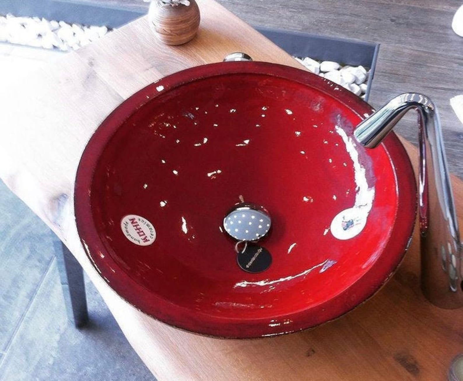 Round Handmade Ceramic Sink – Vibrant Red – Chamotte Clay – Unique Wash ...