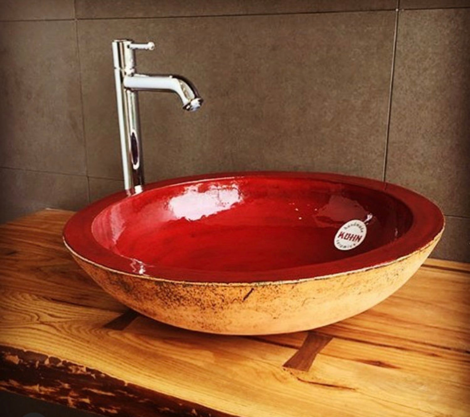 Round Handmade Ceramic Sink – Vibrant Red – Chamotte Clay – Unique Wash ...